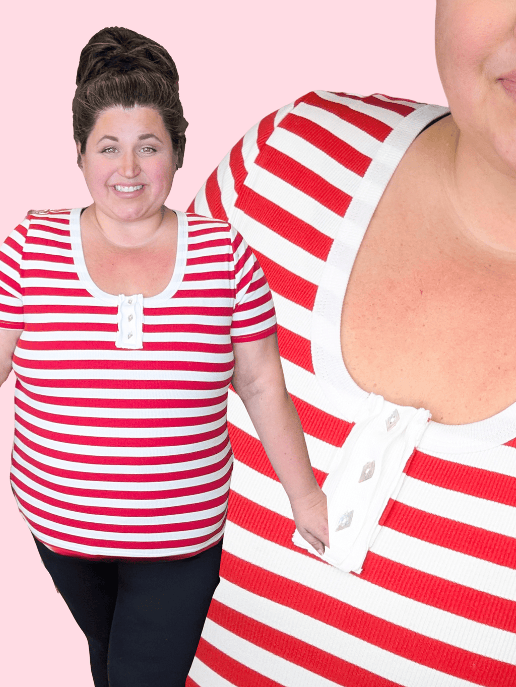 SALE- Shaylee Ribbed Scoopneck w/Decorative Buttons in Candy Striper – Stacked - A Plus Size ...