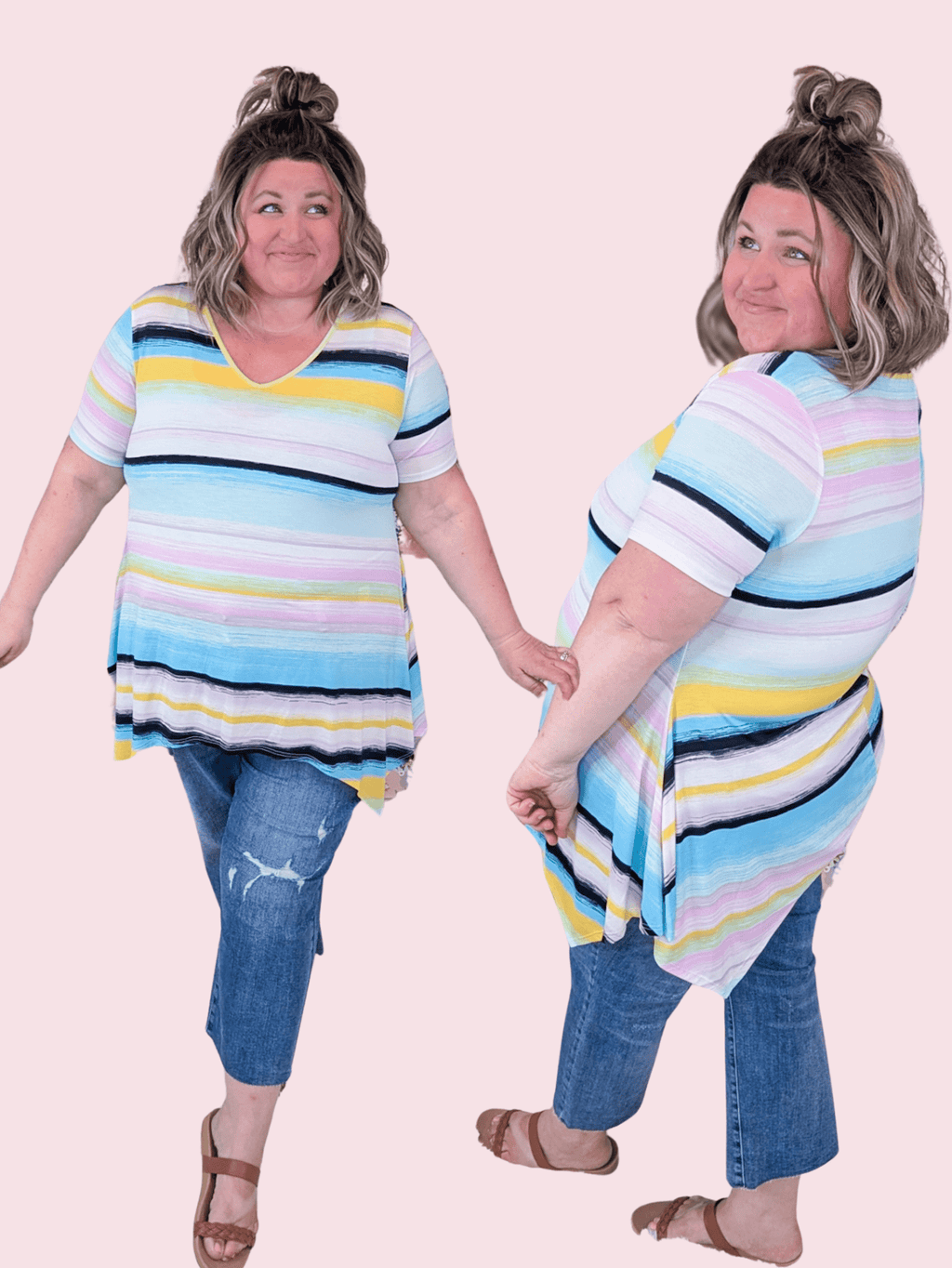 Bethany Brushstroke Stripe Vneck Tee w/Bandana Hem – Stacked - A Plus Size Boutique