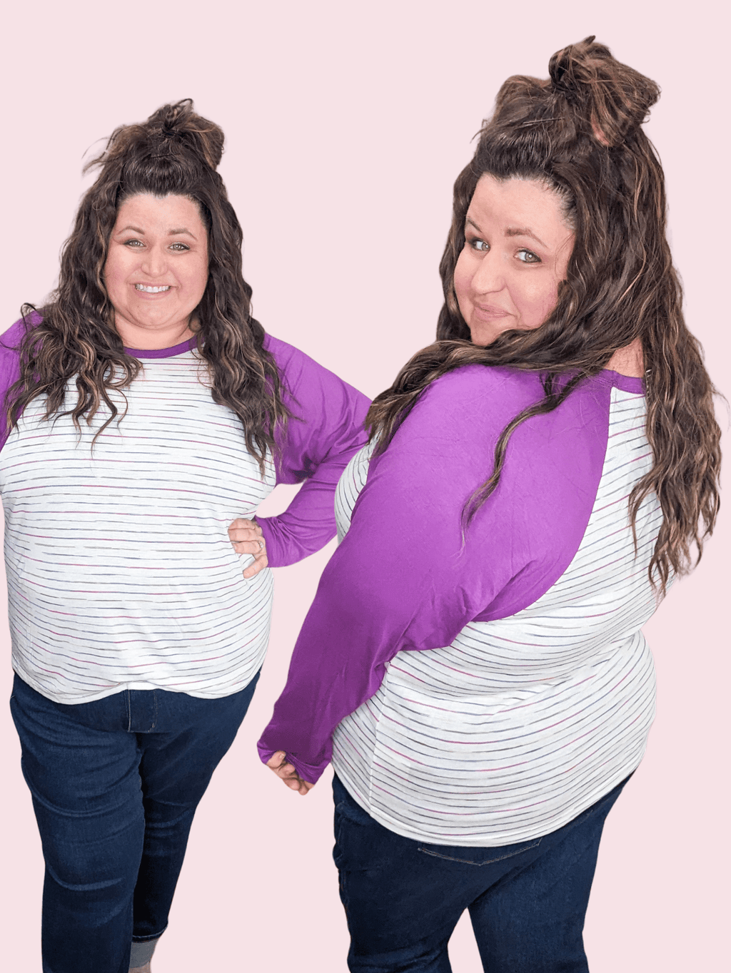 Mara Purple Sleeve Colorful Raglan Top – Stacked - A Plus Size Boutique