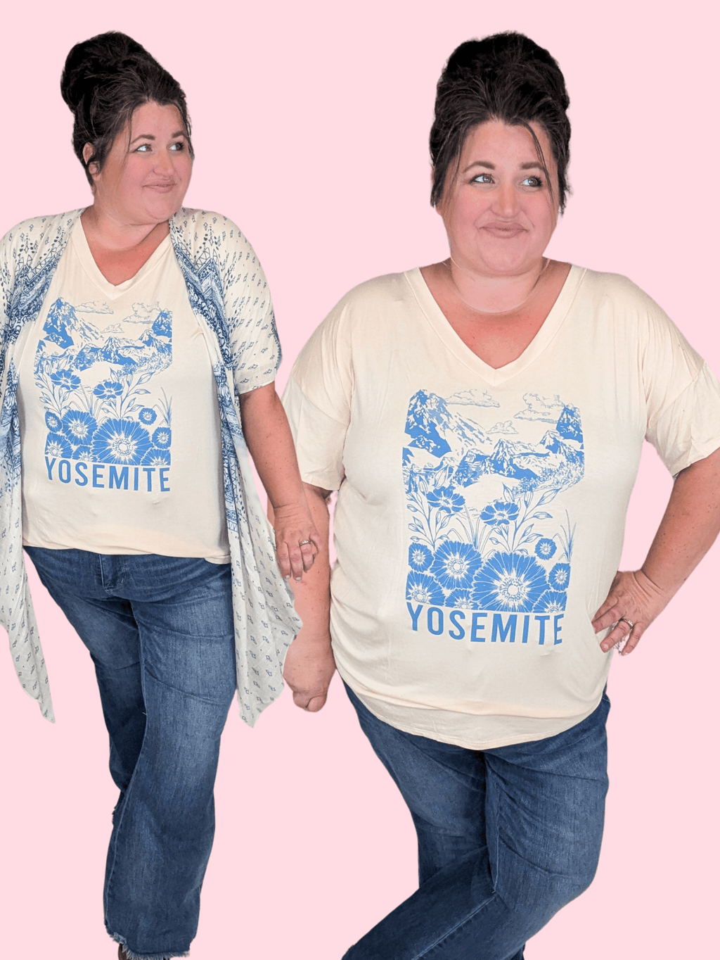 SALE- Yosemite Blue Luxe Tee on Cream – Stacked - A Plus Size Boutique