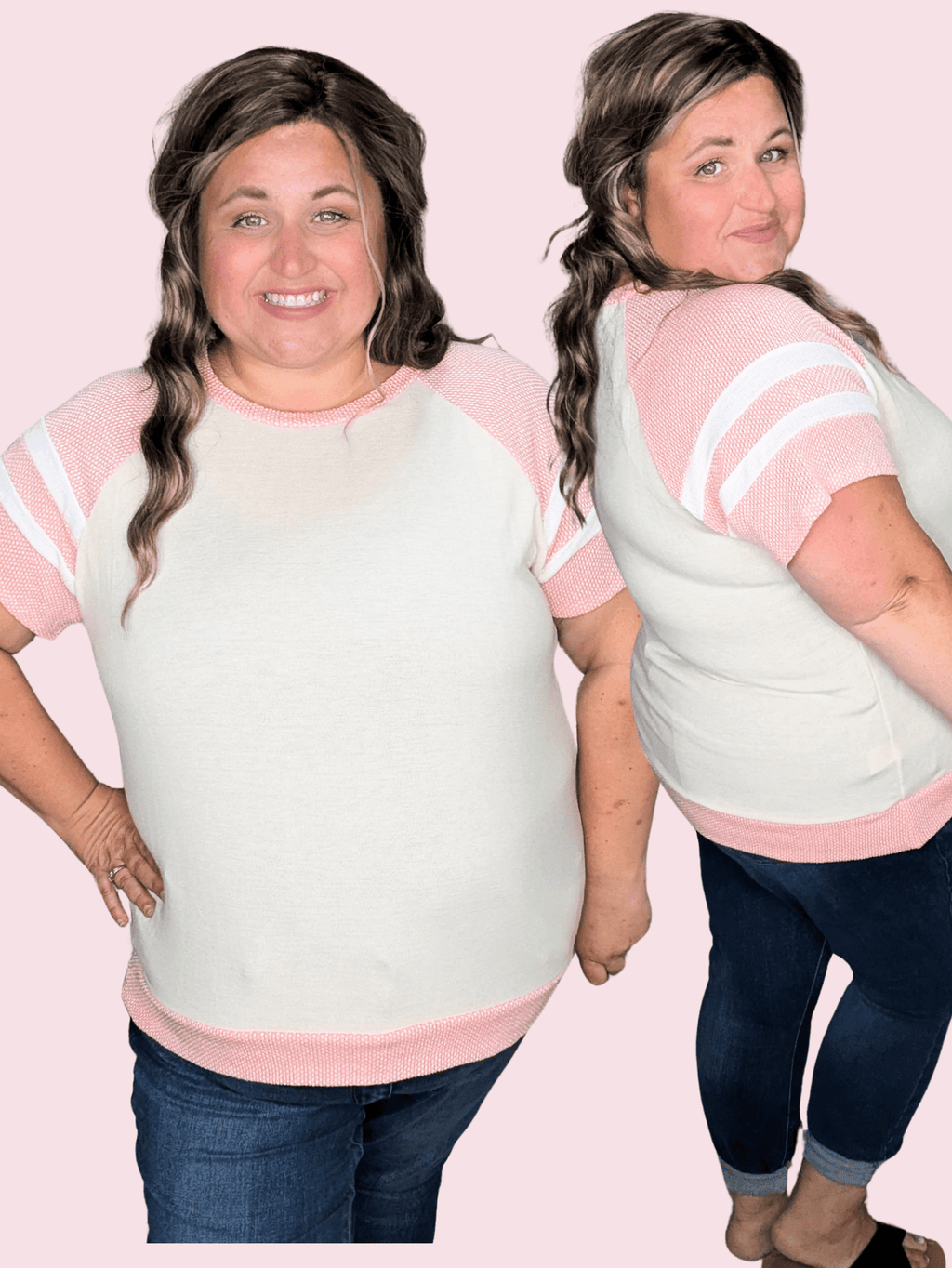 Jetta Pink + Ivory Short Sleeve Raglan Top – Stacked - A Plus Size Boutique