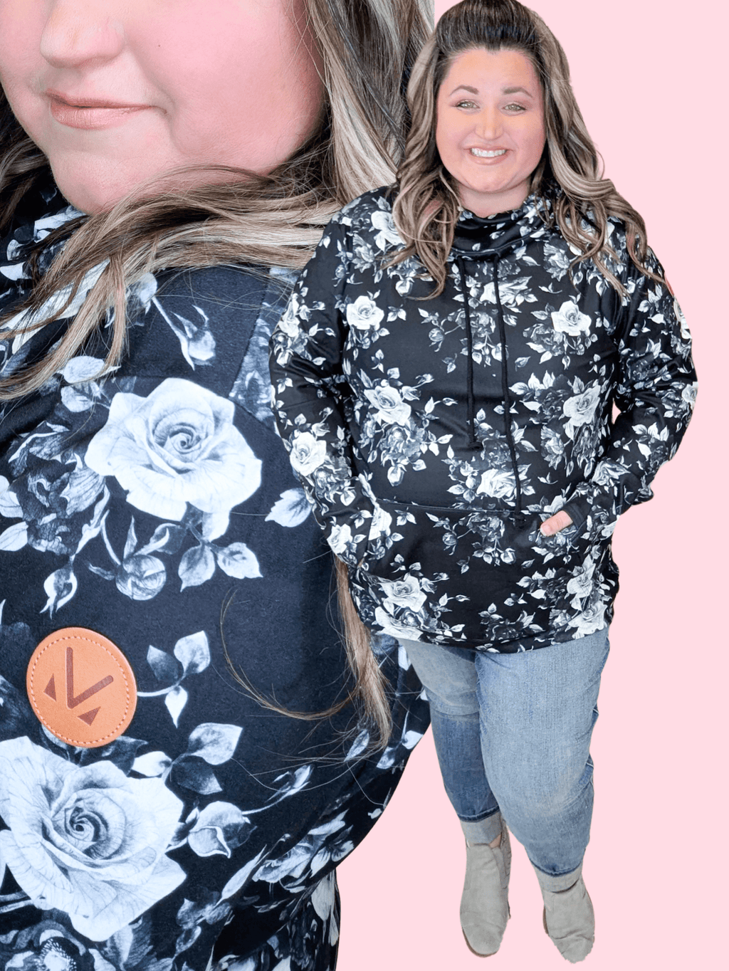 PHC- Black + White Floral Triple Stretch Cloud Funnel Neck – Stacked ...