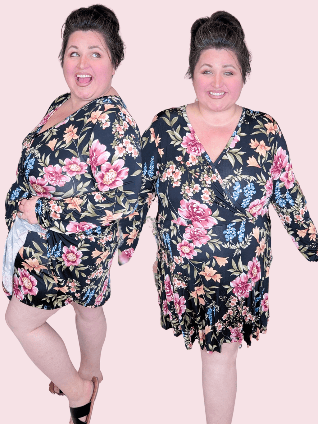 Karoline Faux Wrap Dress w/Shorts in Black Floral – Stacked - A Plus ...