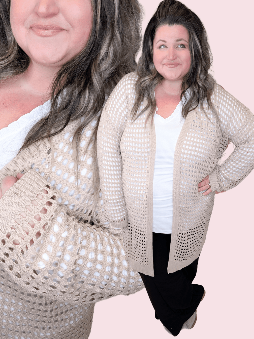 Casey Netted Sweater Cardigan in Taupe – Stacked - A Plus Size Boutique