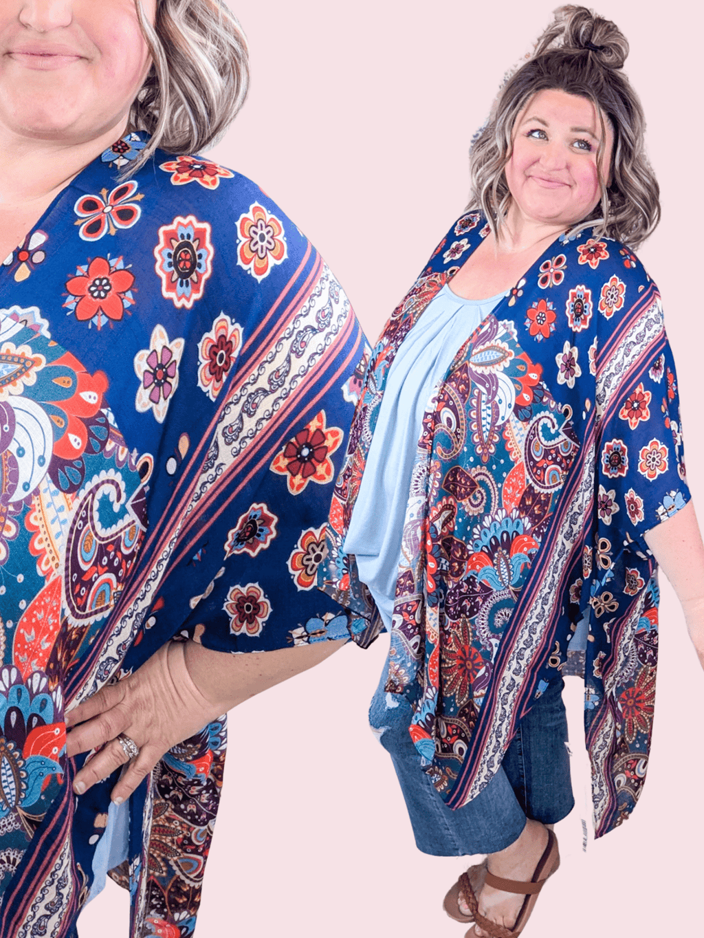 Jayla Navy + Jewel Tones Paisley Kimono – Stacked - A Plus Size Boutique