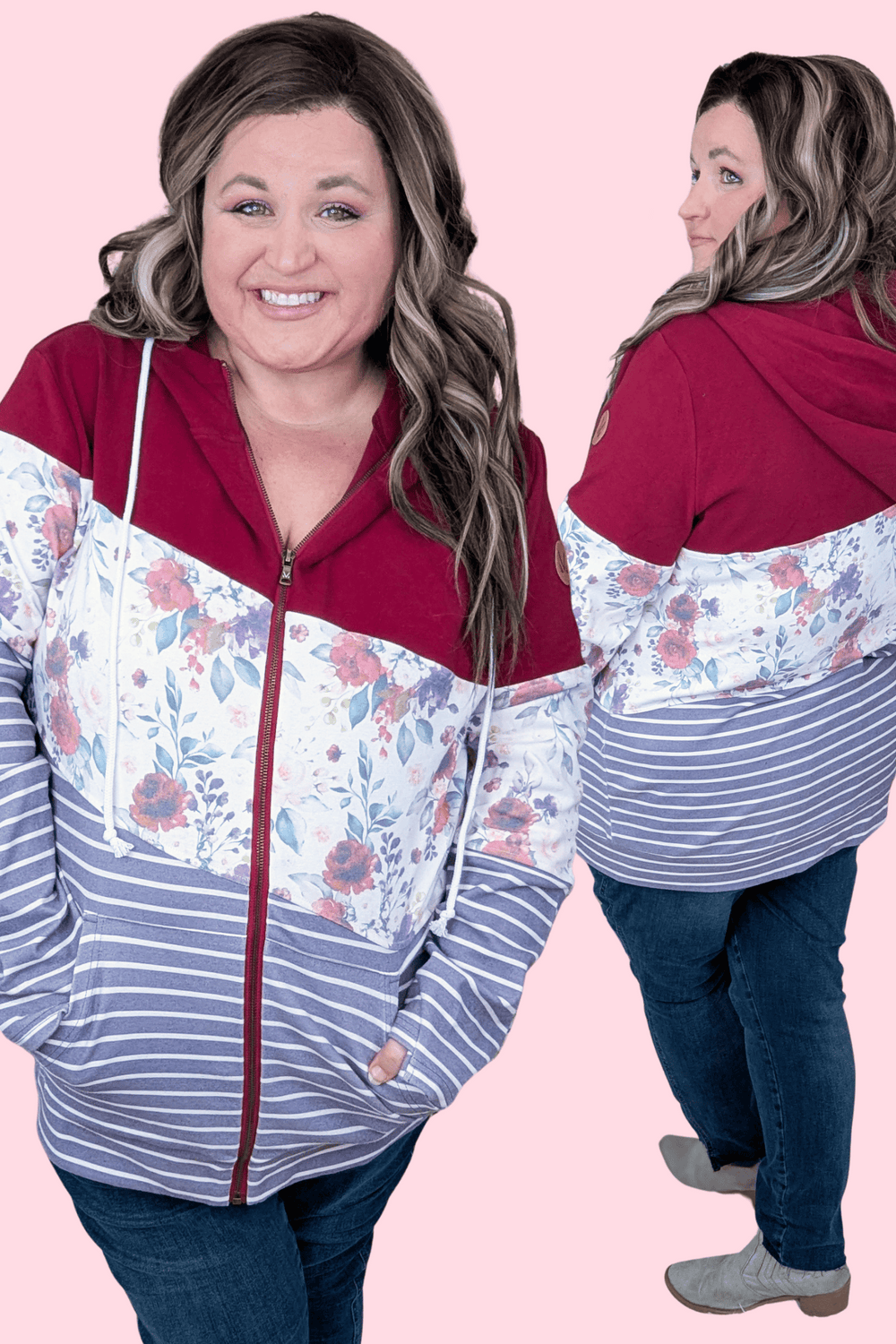 PHC Colorblock Fullzip in Burgundy Bloom & Plum Stripes – Stacked - A ...