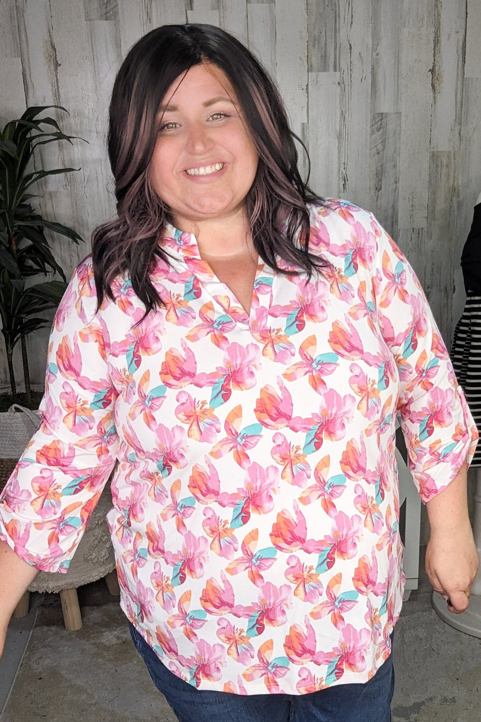Lottie 3/4 Gabby Neckline Blouse in Ivory Florals (2 colors) – Stacked - A Plus Size Boutique