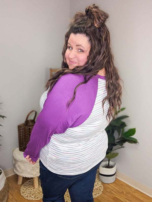 Mara Purple Sleeve Colorful Raglan Top - Stacked - A Plus Size Boutique